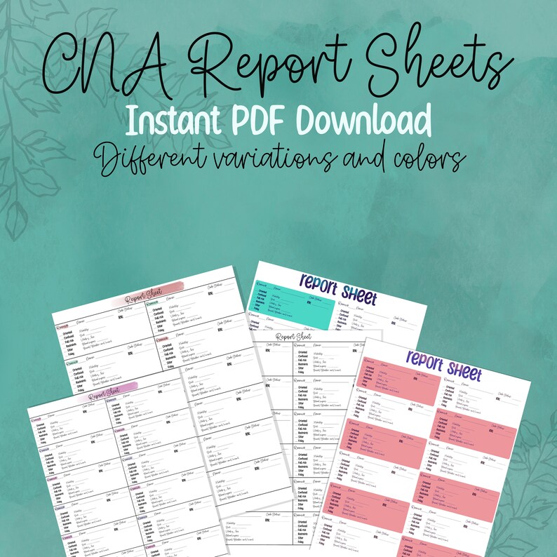 CNA Report Sheet Downloadable PDF Printable Two Styles 5 Color Schemes ...