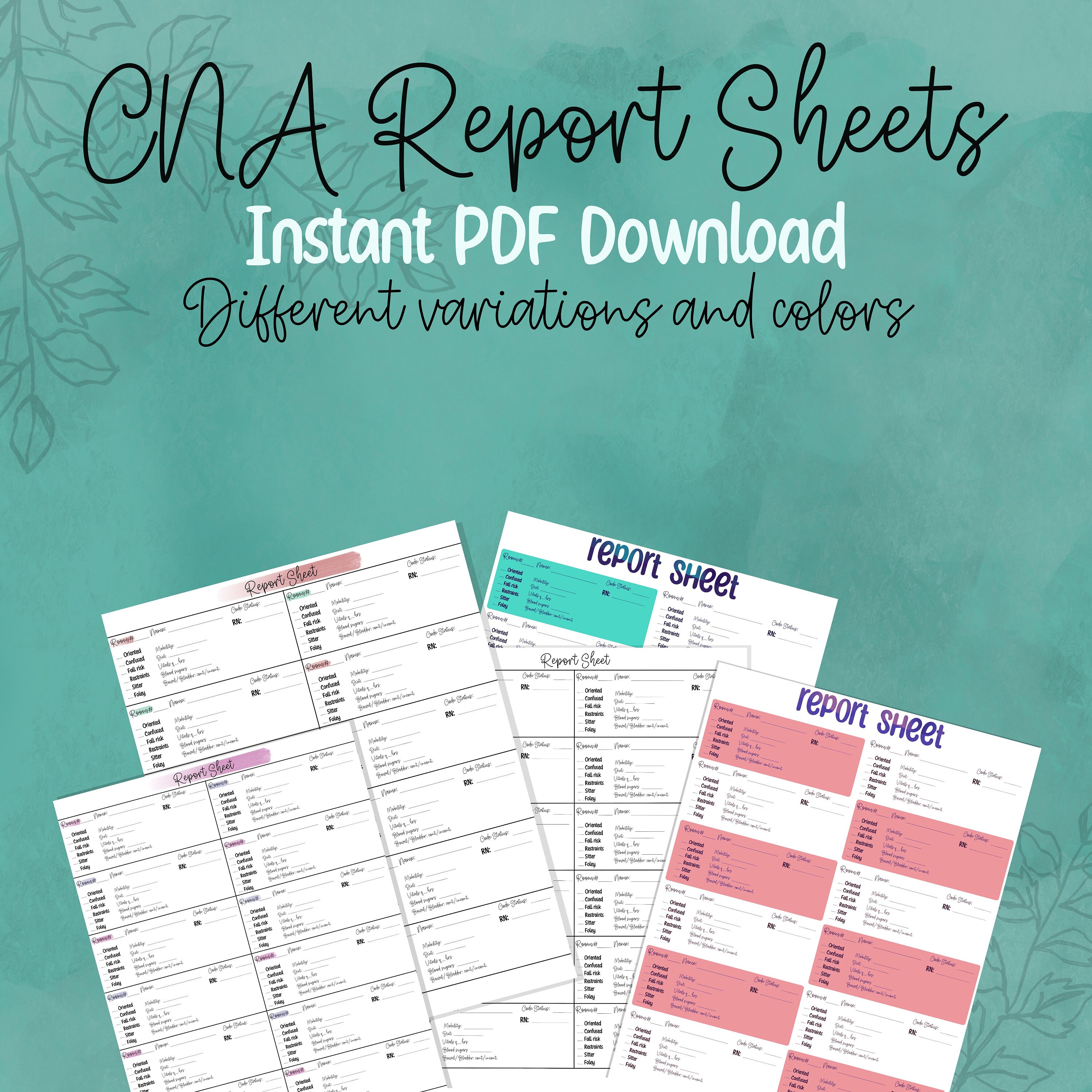 CNA Report Sheet Downloadable PDF Printable Two Styles 5 Color Schemes ...