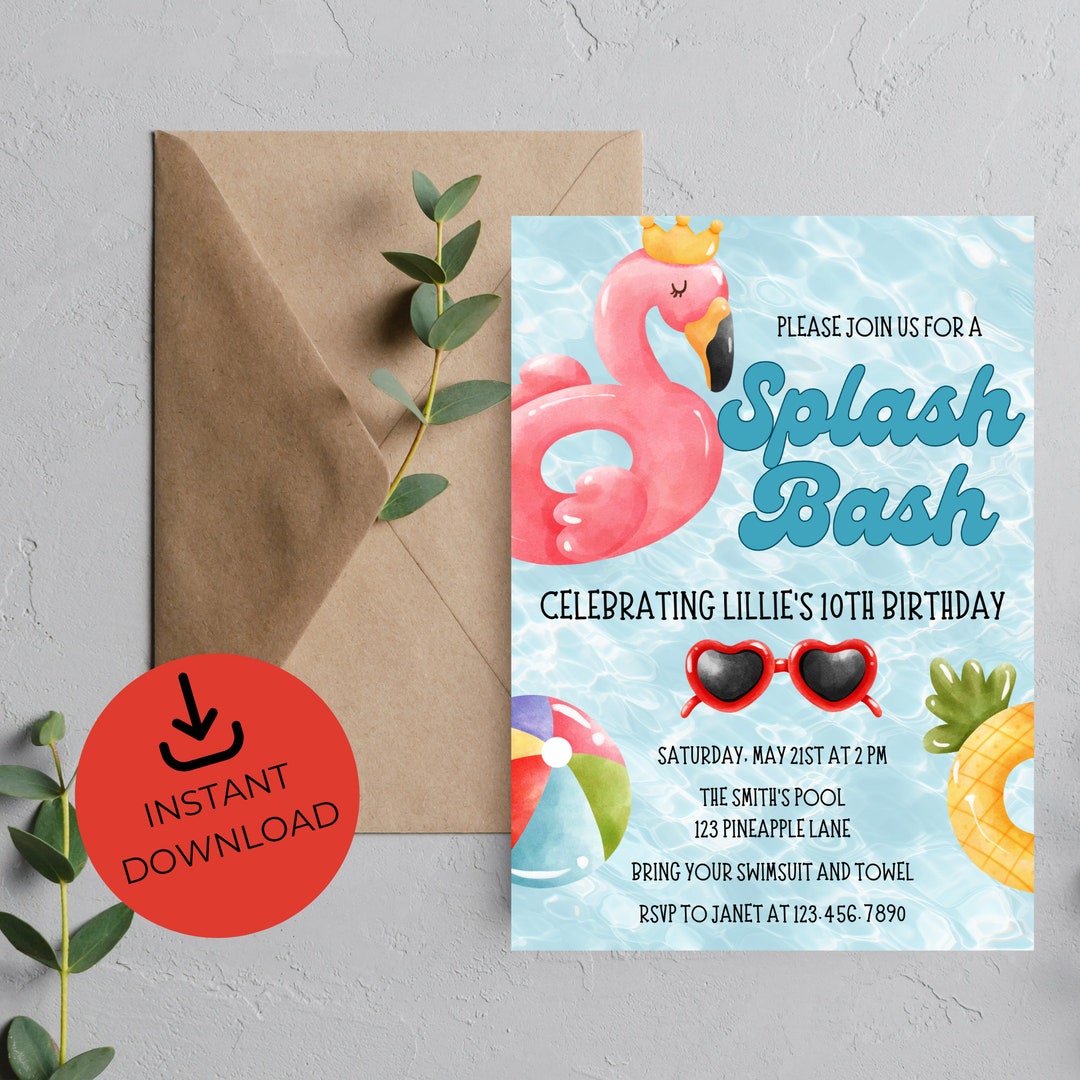 Splash Bash Pool Party Birthday Invitation | Summer Tropical Swim Party ...