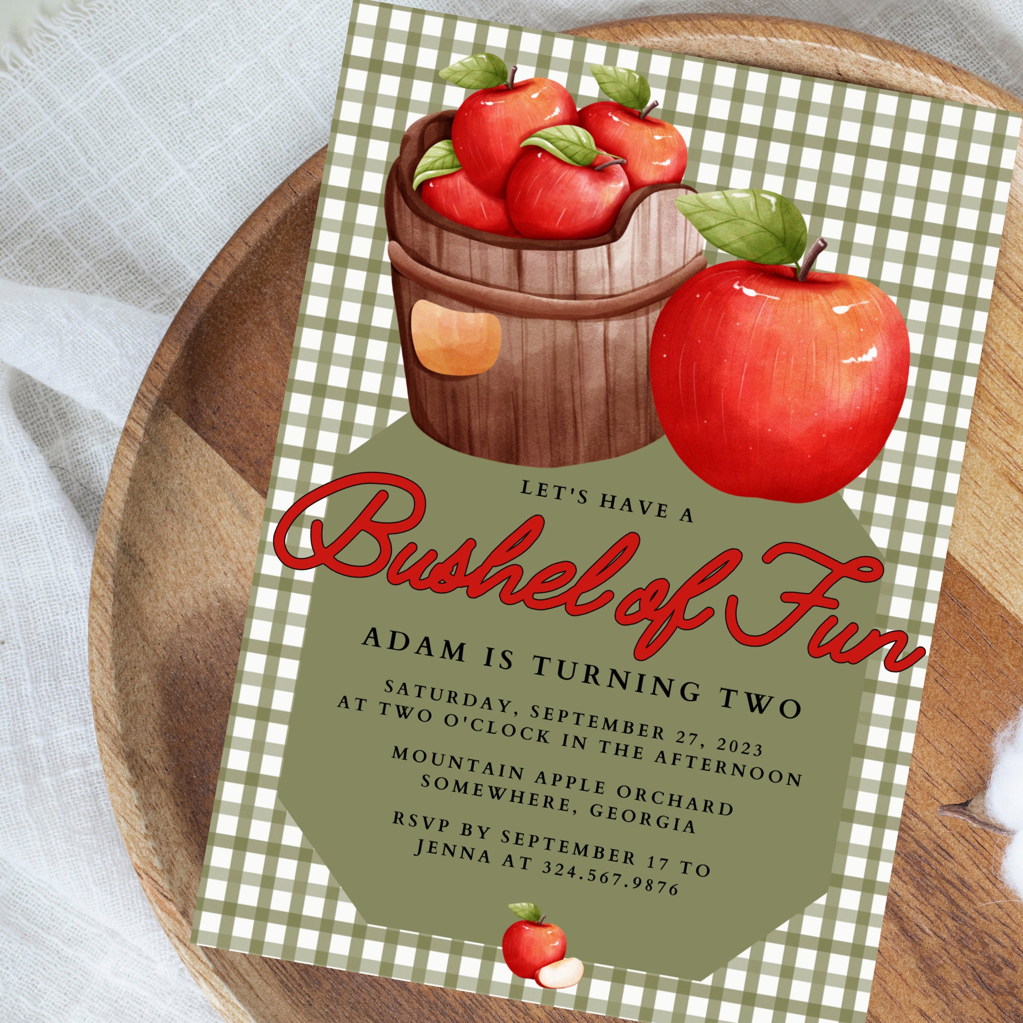 Green Plaid Bushel of Fun Apple Birthday Invite Red Apple Basket Party ...