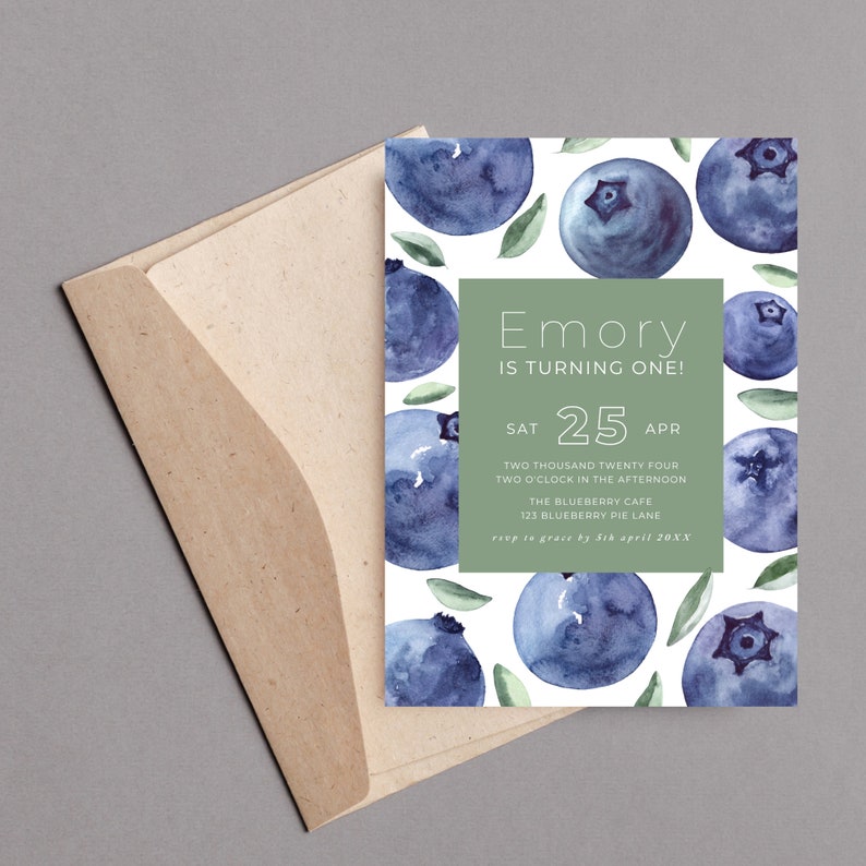 Watercolor Blueberry Birthday Invitation Berry Theme Party Invite ...