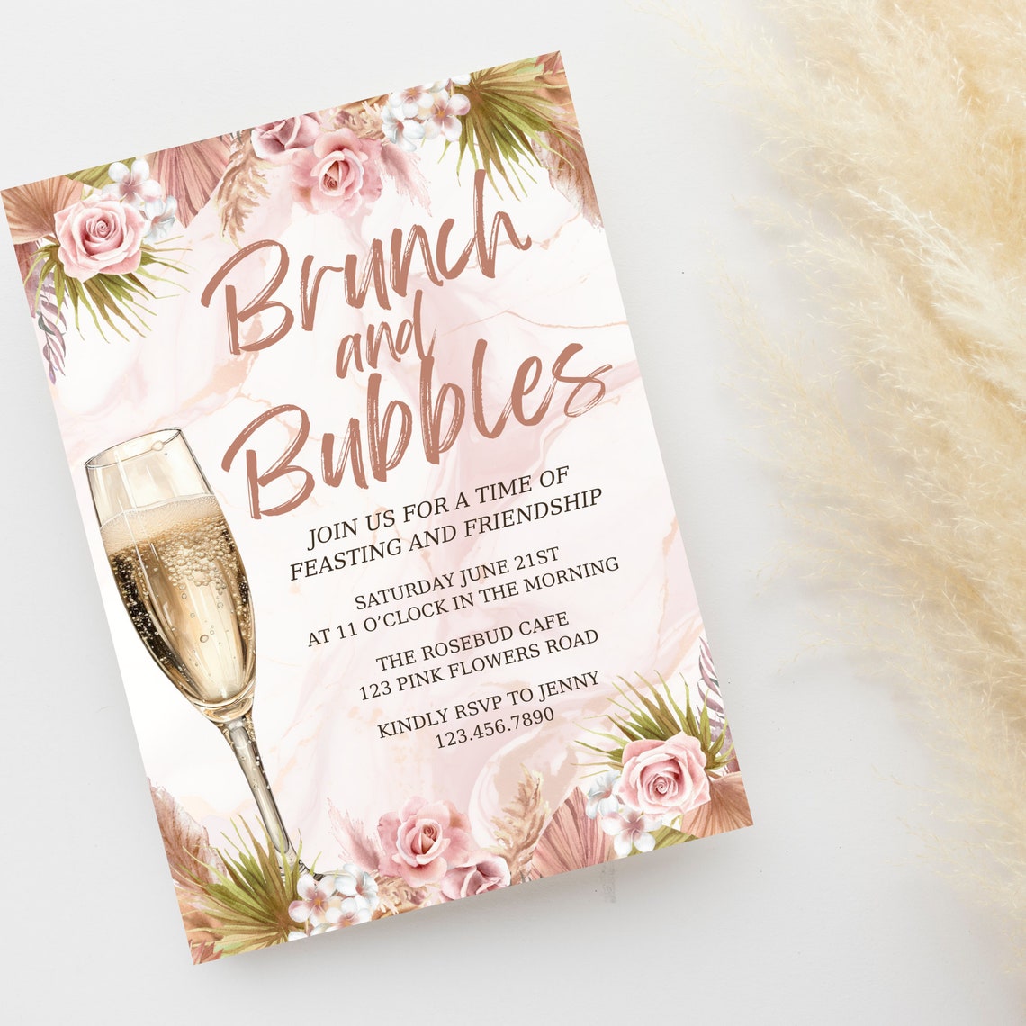Floral Brunch and Bubbles Invitation: Pink Boho Luncheon (printable ...
