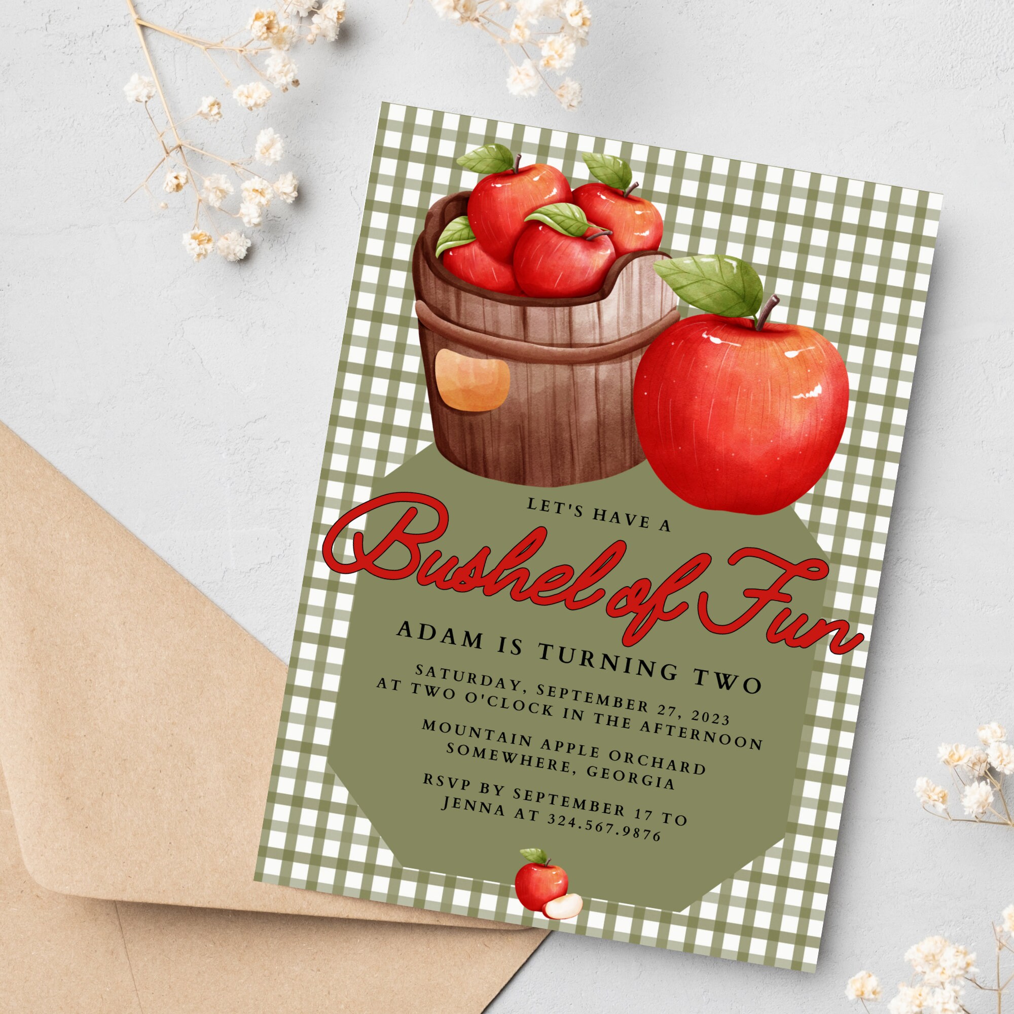 Green Plaid Bushel of Fun Apple Birthday Invite Red Apple Basket Party ...