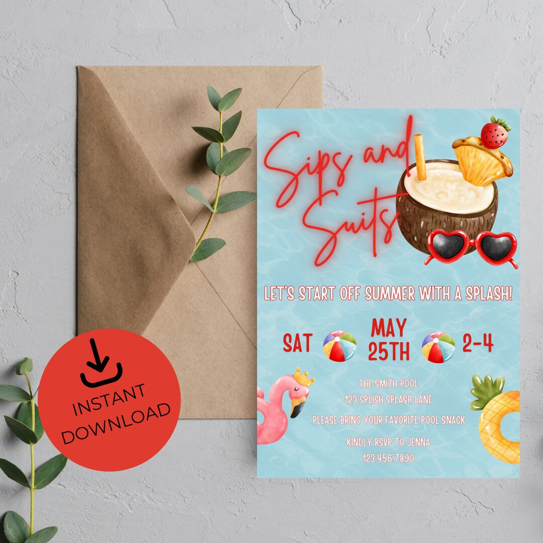 Sips and Suits Adult Pool Party Invitation Summer Swim Party Invite ...