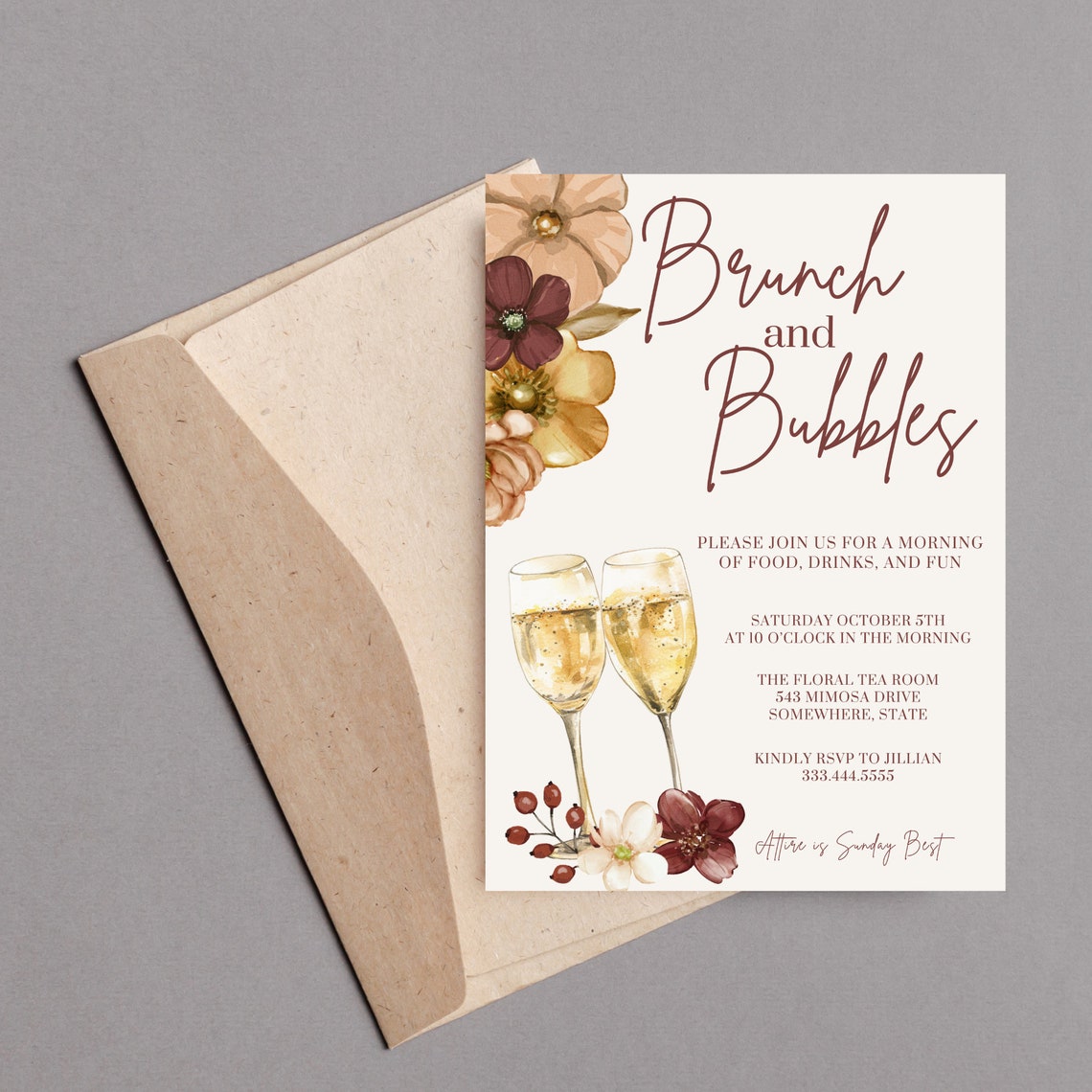 Fall Floral Brunch & Bubbly Invitation: Editable Champagne Luncheon ...