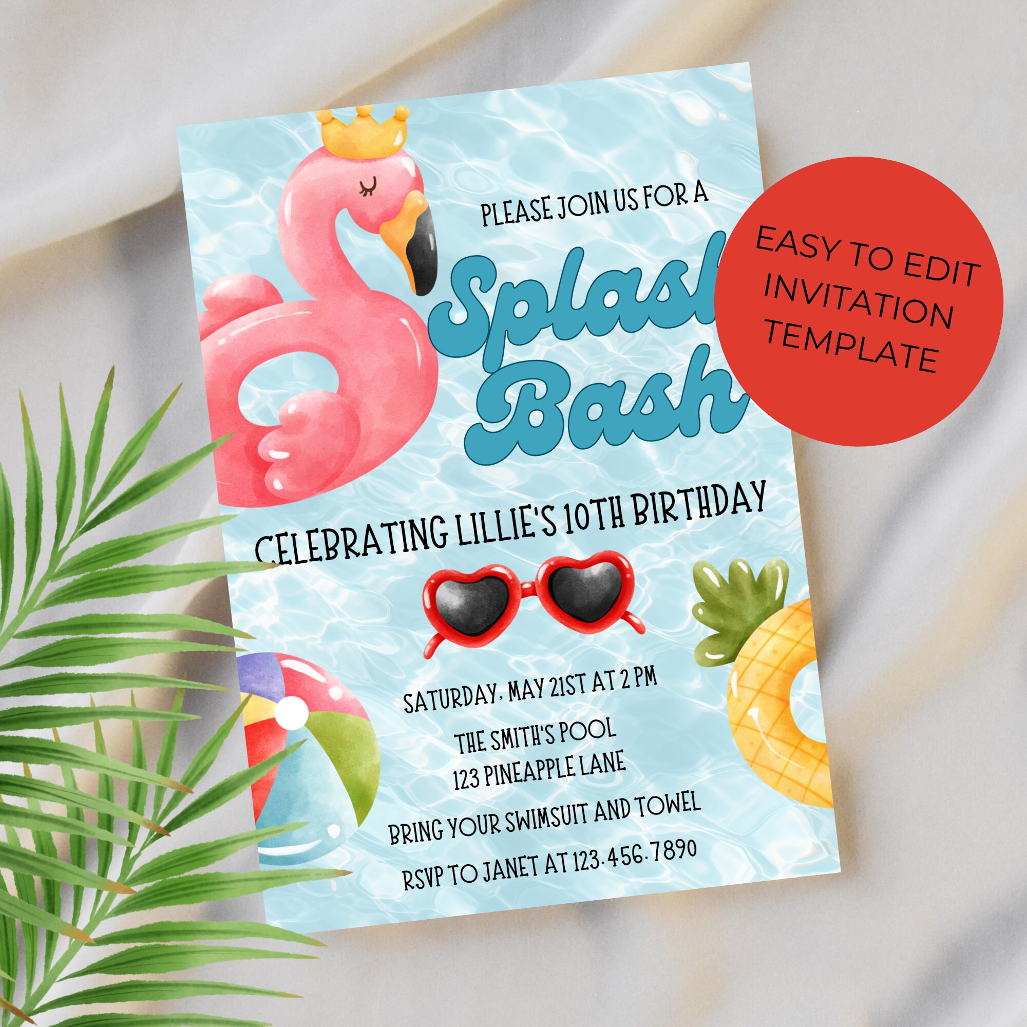 Splash Bash Pool Party Birthday Invitation Summer Tropical Swim Party Kid Birthday Invite ...