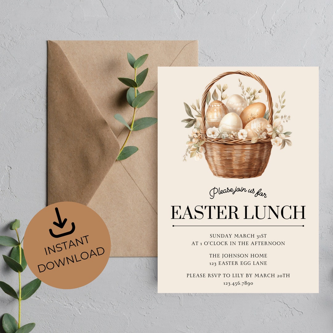 Pretty Boho Easter Lunch Invitation Neutral Easter Egg Basket Invite ...