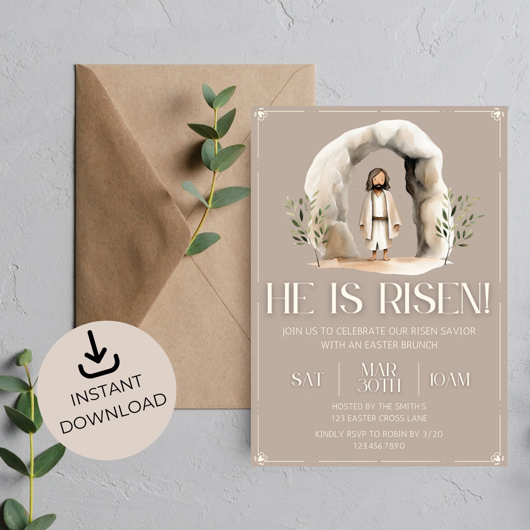 He is Risen Christian Easter Brunch Invite | Jesus Christ is Risen Tomb ...