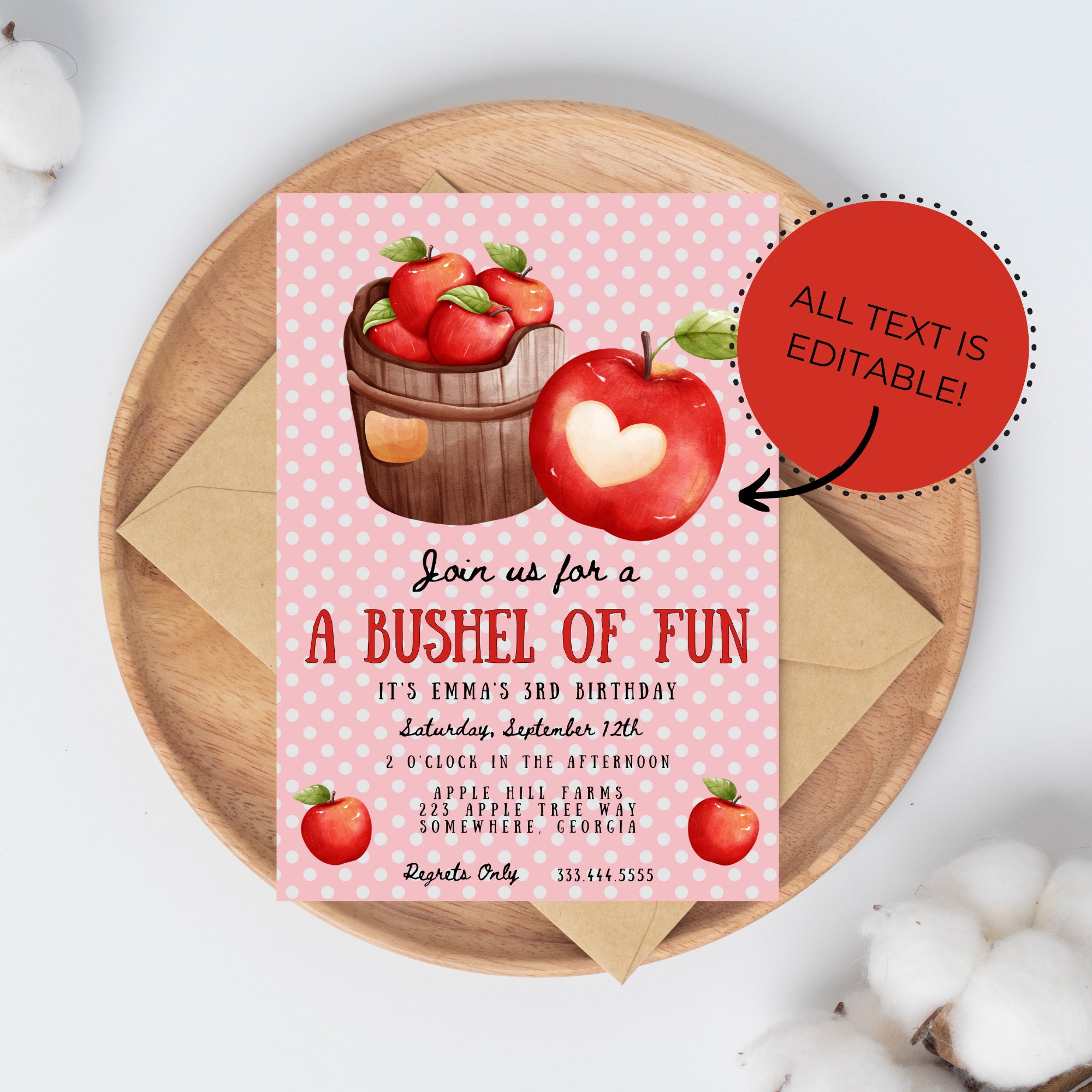 Apple Birthday Invitation Girl, Pink Polka Dot Party (printable ...