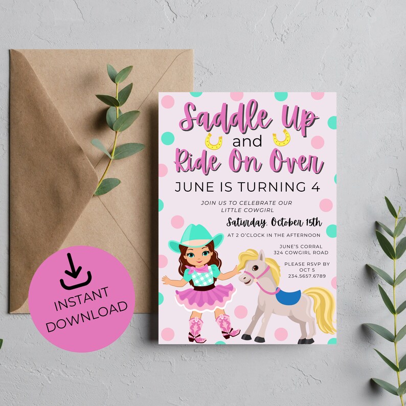 Pink Cowgirl Birthday Invite | Cowgirl and Horse Invite | Saddle up ...
