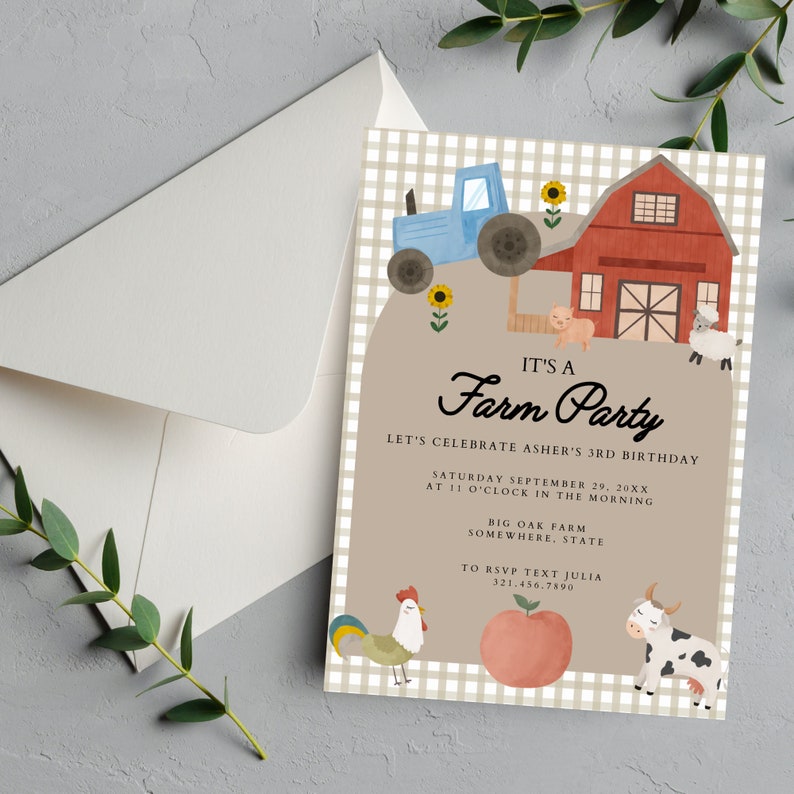 Farm Birthday Party Invitation: Plaid Barnyard Animals (editable ...