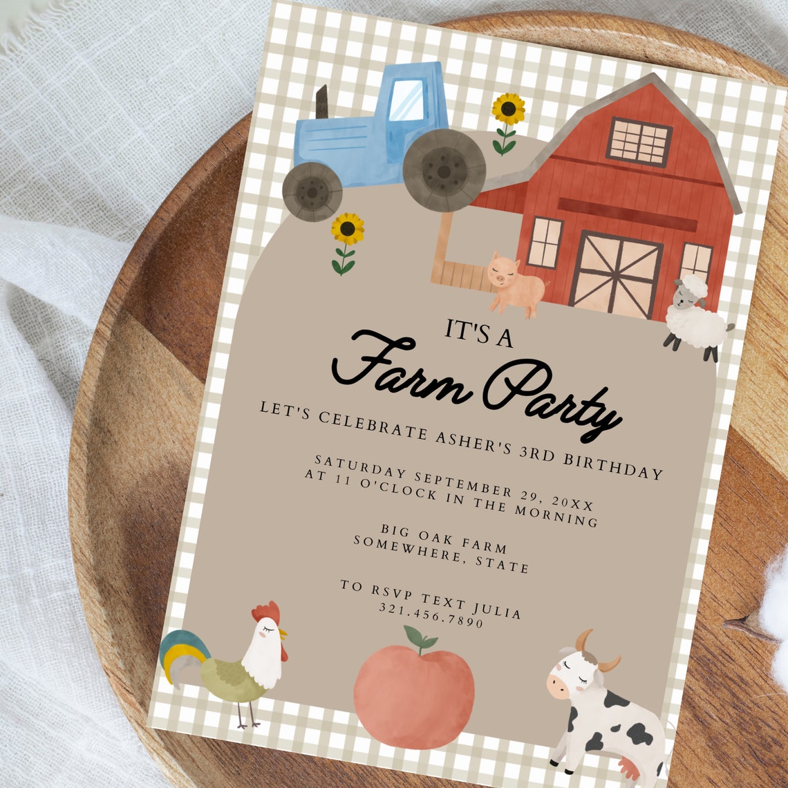 Farm Birthday Party Invitation: Plaid Barnyard Animals (editable ...