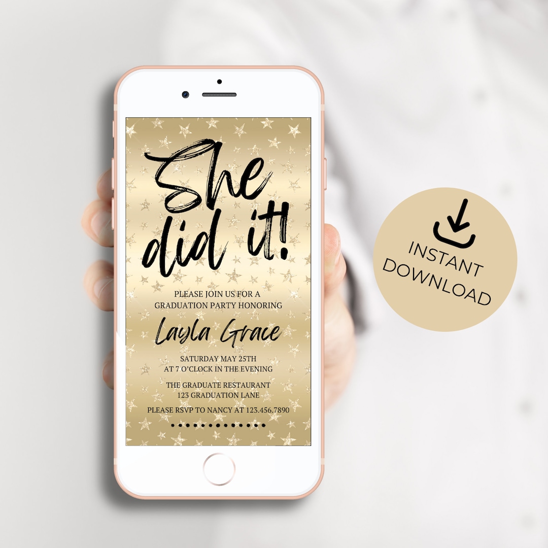 She Did It Gold Graduation Party Invite Grad Party Invitation Gold Star ...