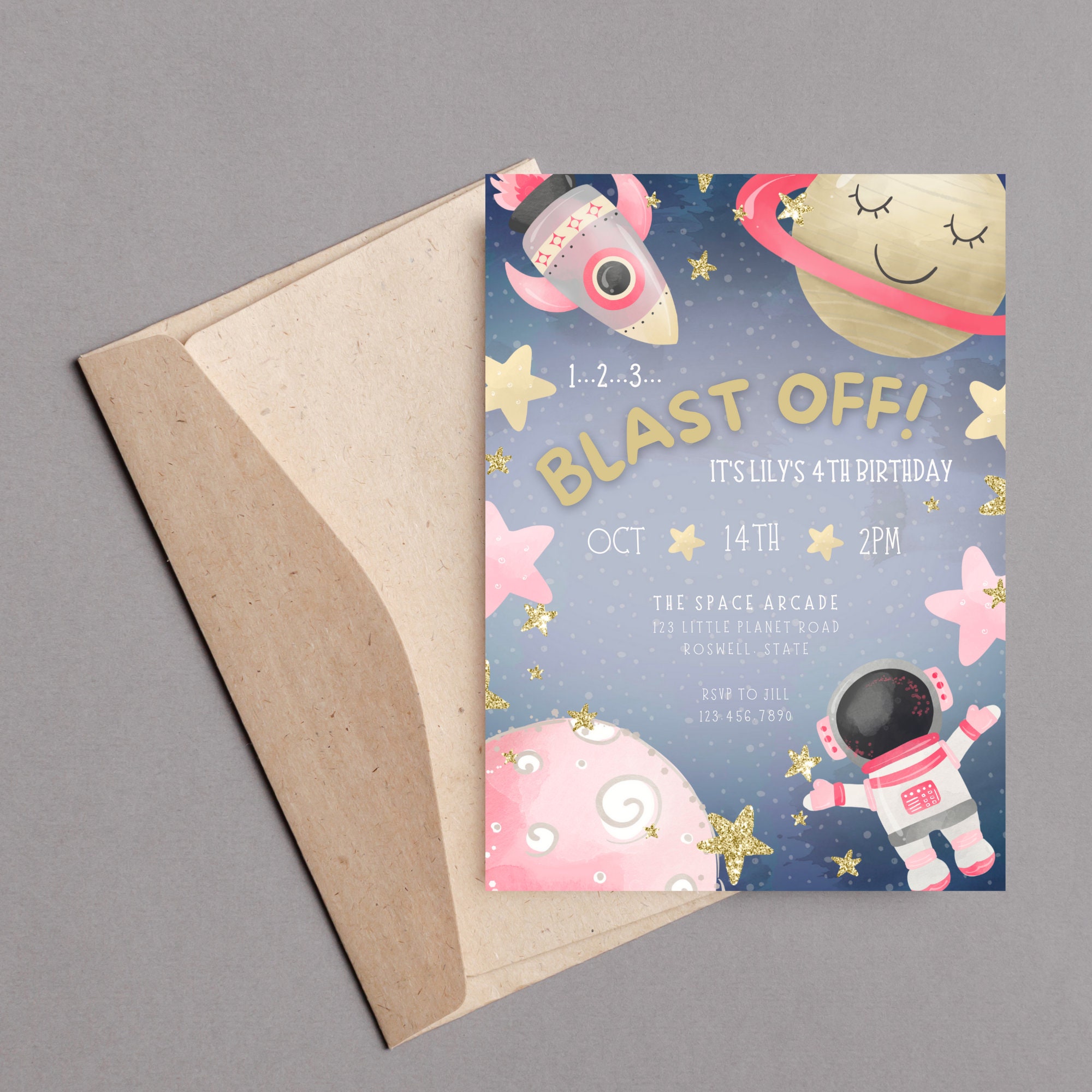 Pink and Gold Blast off Girl Outer Space Theme Birthday Party Invite ...