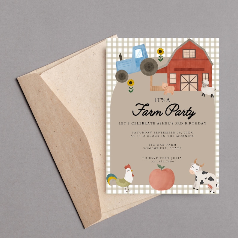 Neutral Plaid Farm Birthday Party Invitation Farm Animal Theme Invite ...