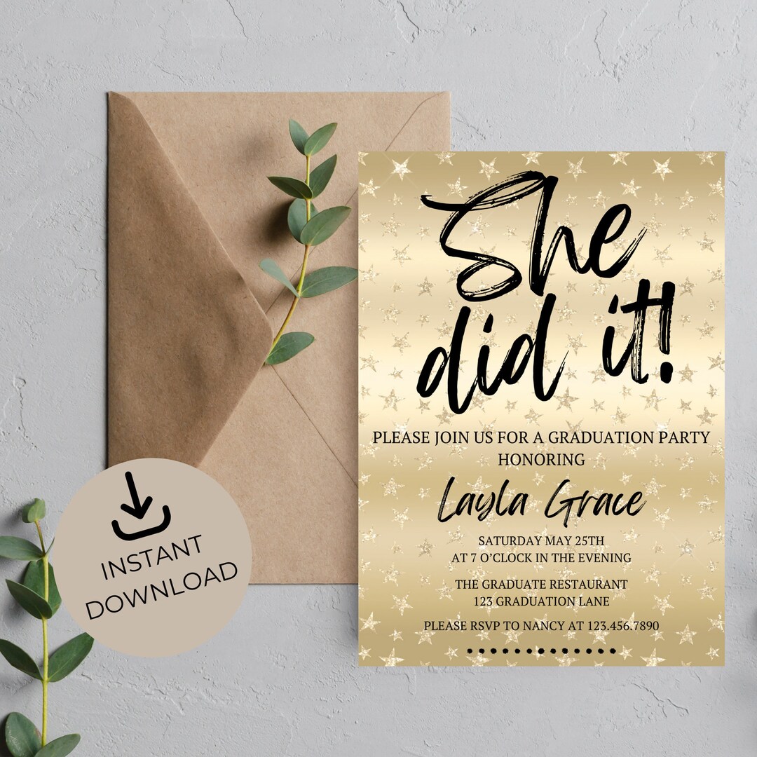 Simple She Did It Gold Graduation Party Invite High School College Grad ...