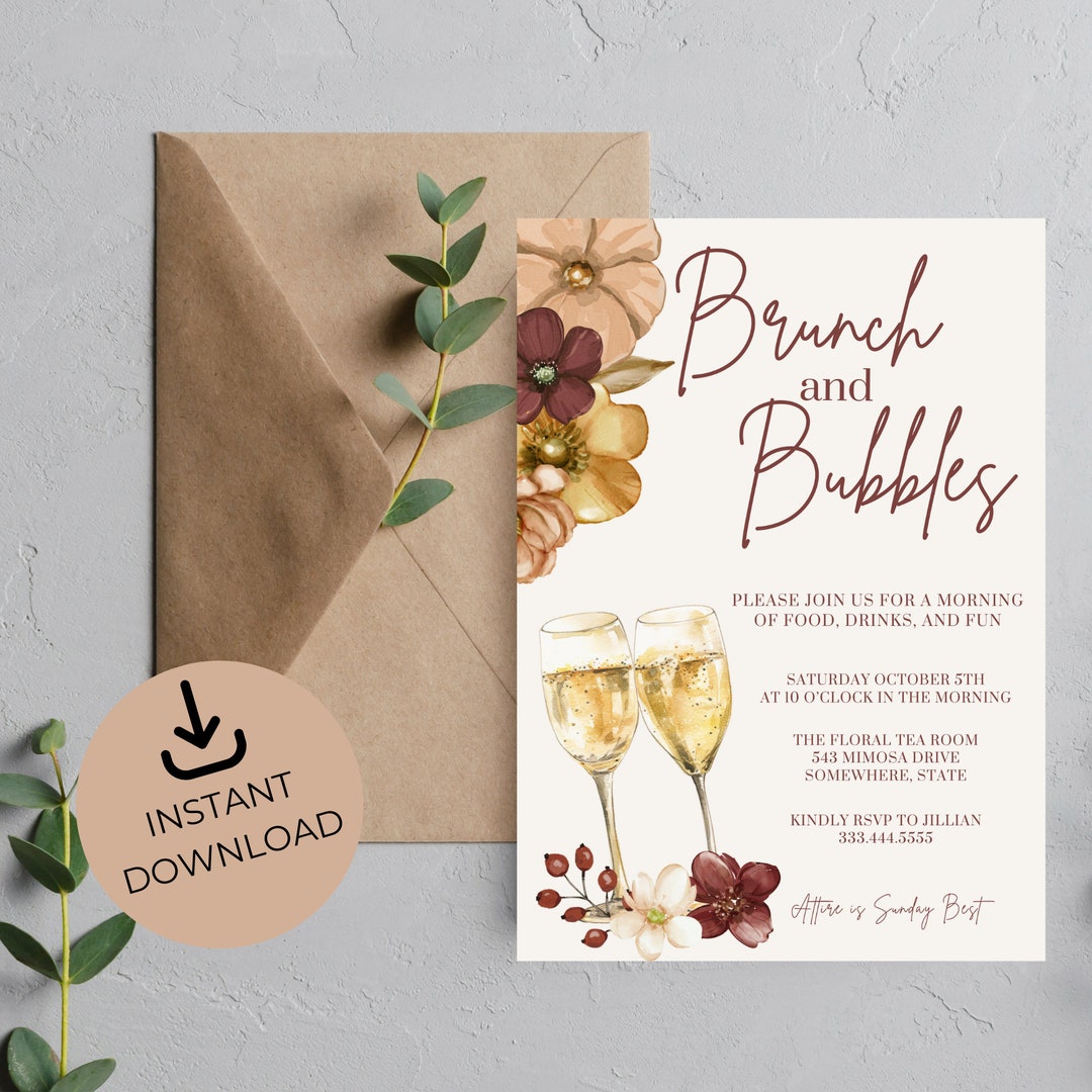 Fall Floral Brunch & Bubbly Invitation: Editable Champagne Luncheon ...