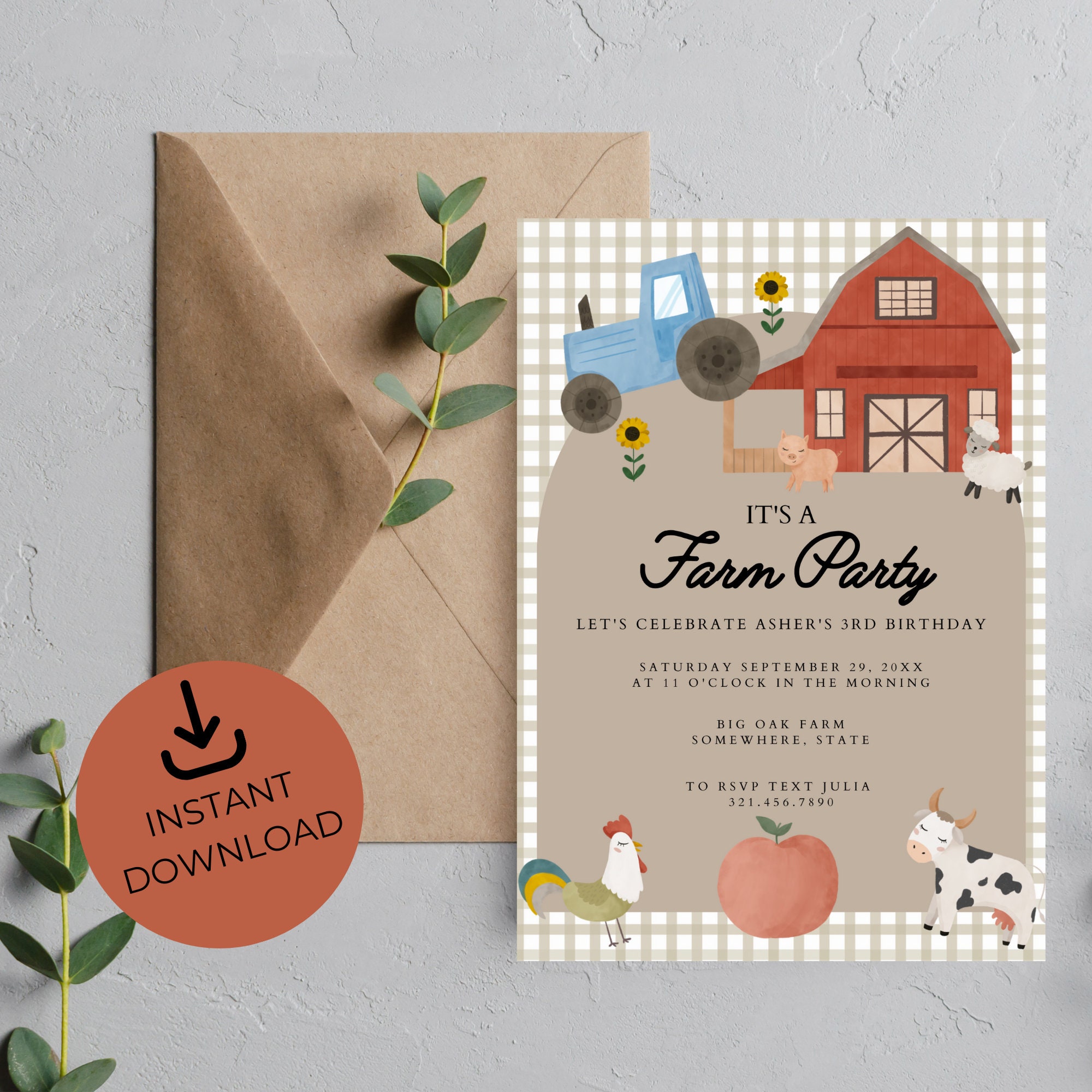 Neutral Plaid Farm Birthday Party Invitation | Farm Animal Theme Invite ...
