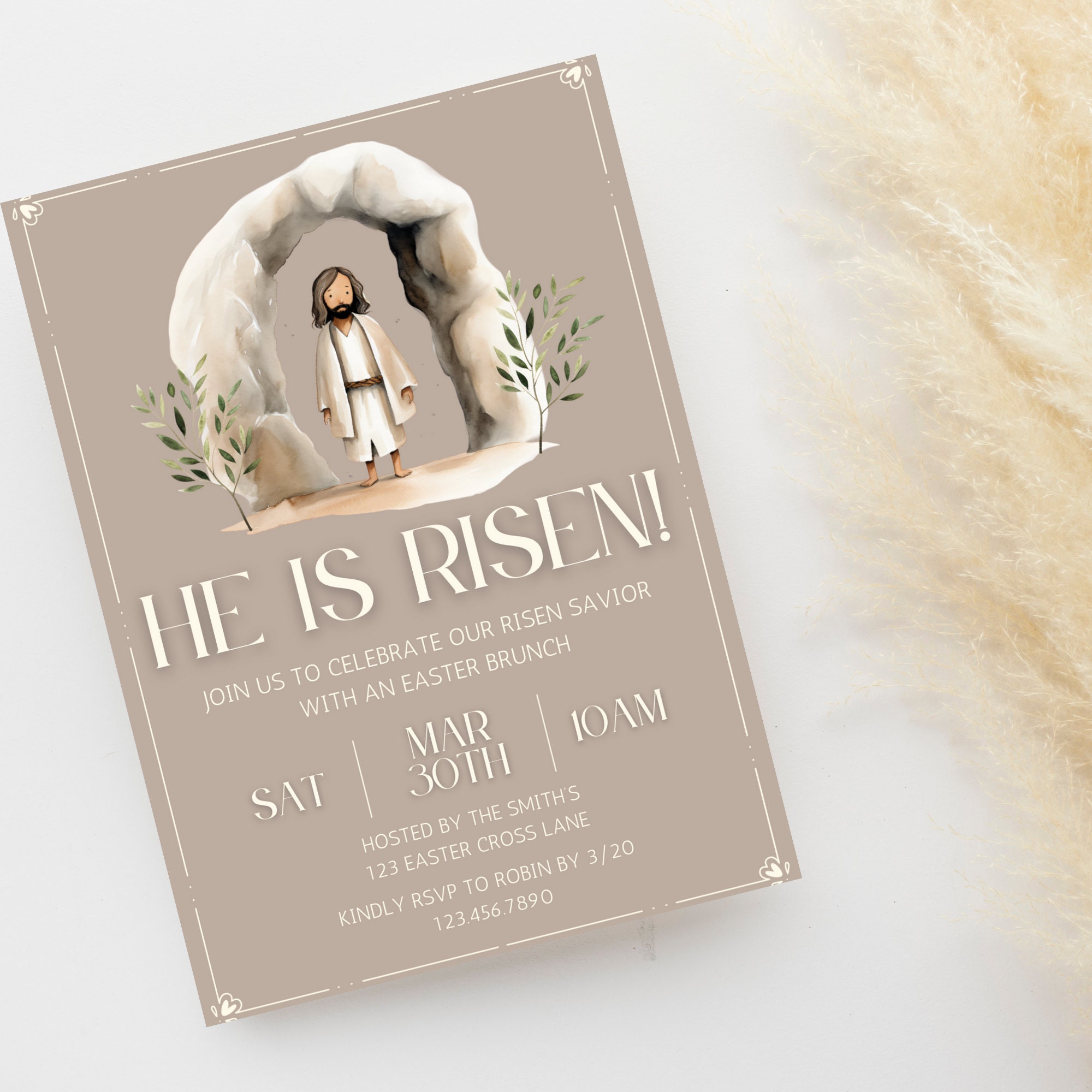 He is Risen Christian Easter Brunch Invite Jesus Christ is Risen Tomb ...