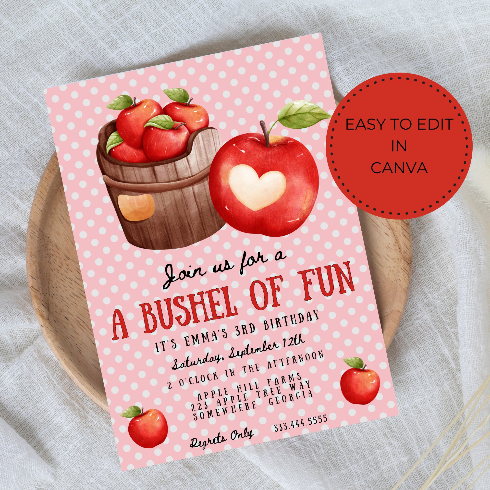 Apple Birthday Invitation Girl, Pink Polka Dot Party (printable ...