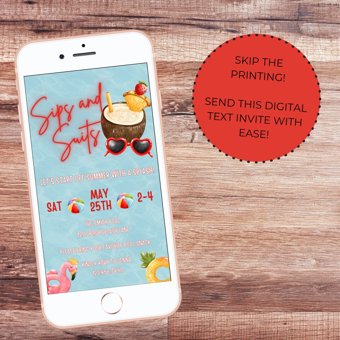 Sips and Suits Pool Party Invitation | Tropical Summer Digital Text ...