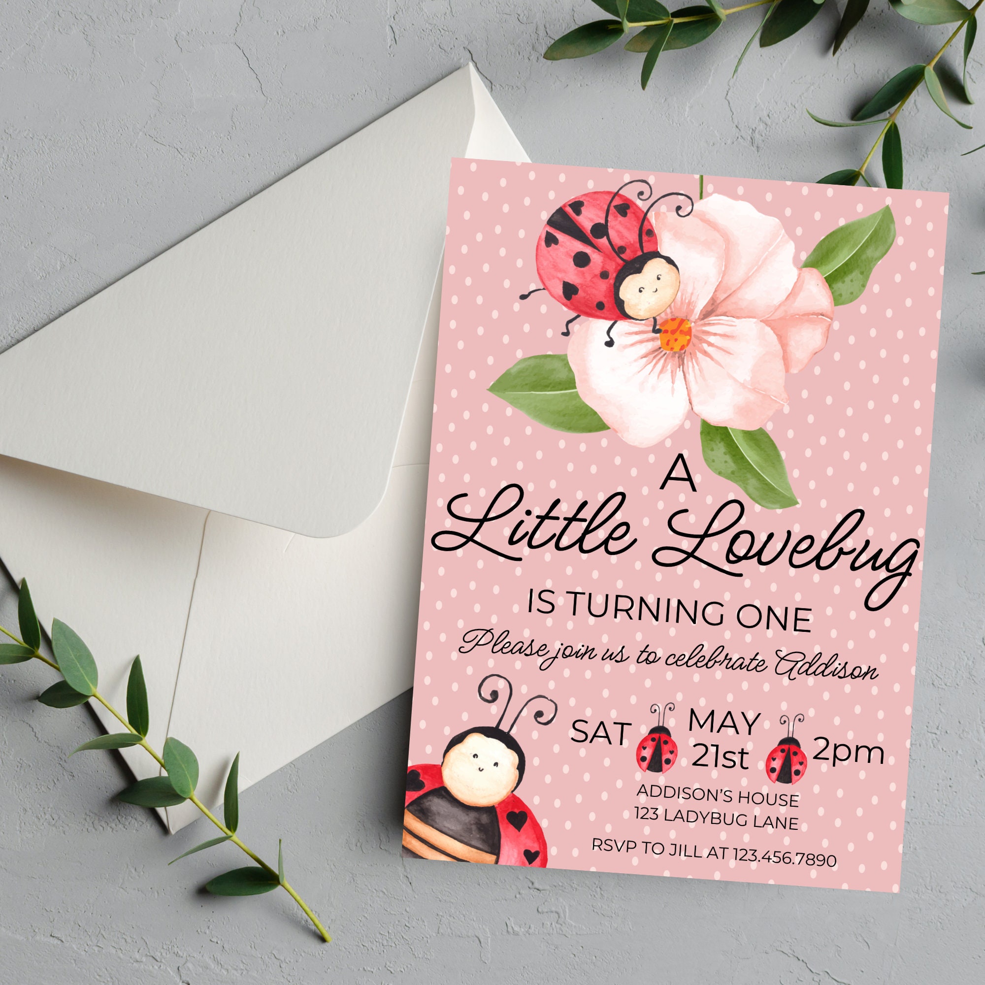 A Little Lovebug Birthday Party Invite Pink Girl Ladybug Invitation 1st ...