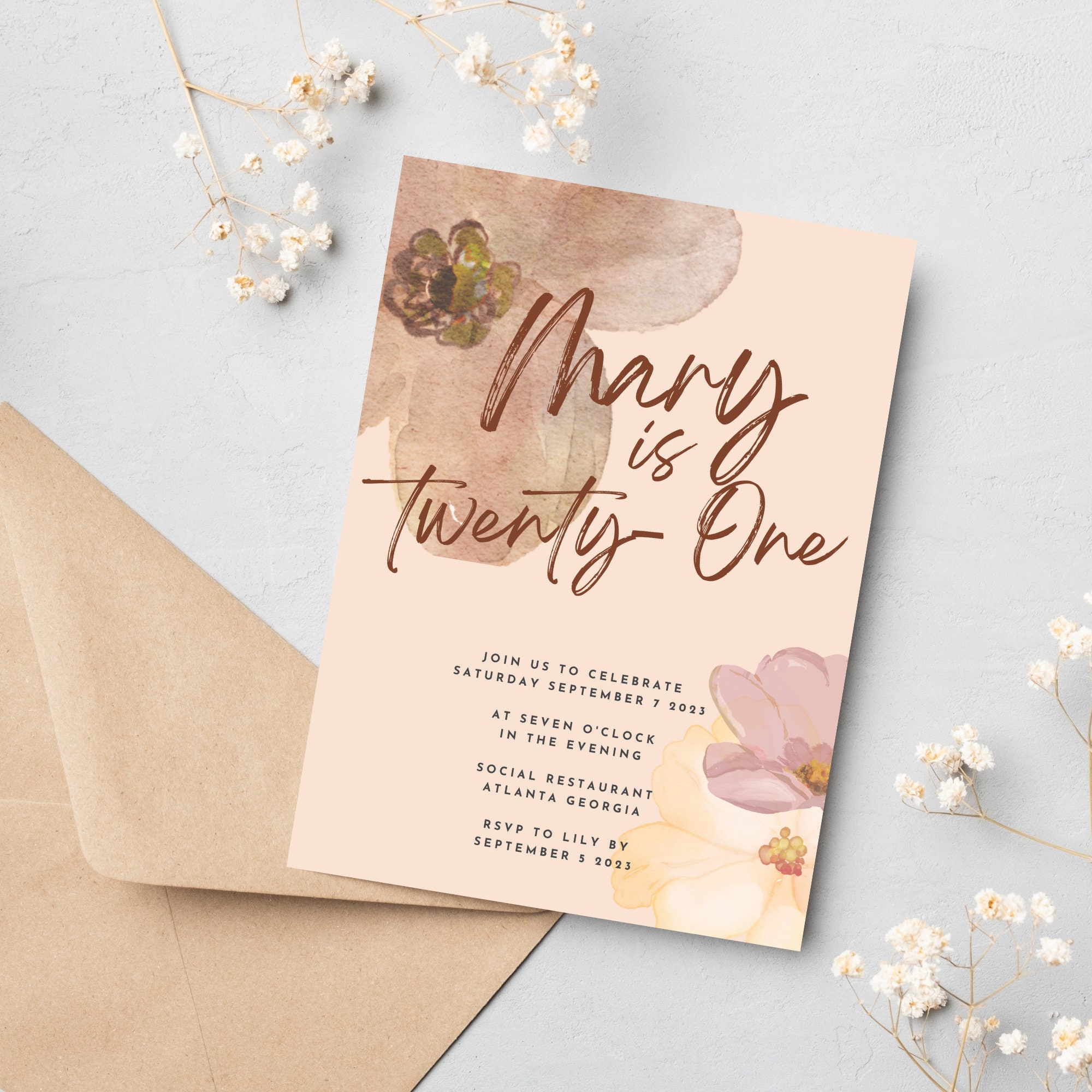Peach Floral Boho 21st Birthday Invitation | Girl 21 Party Invite ...