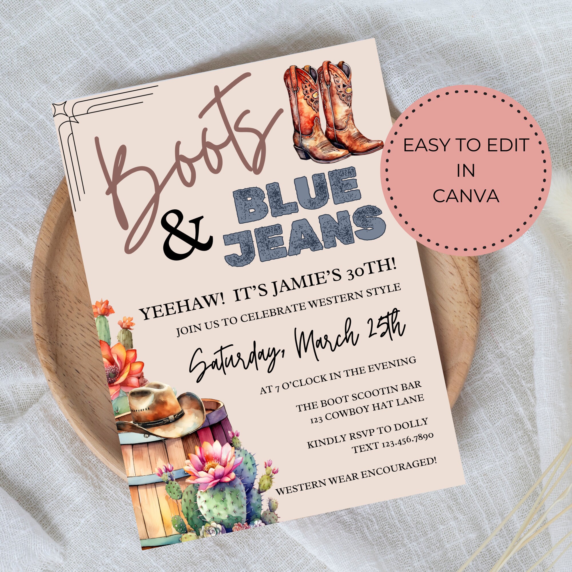 Boots and Blue Jeans Birthday Invitation: Western Theme Party (editable ...