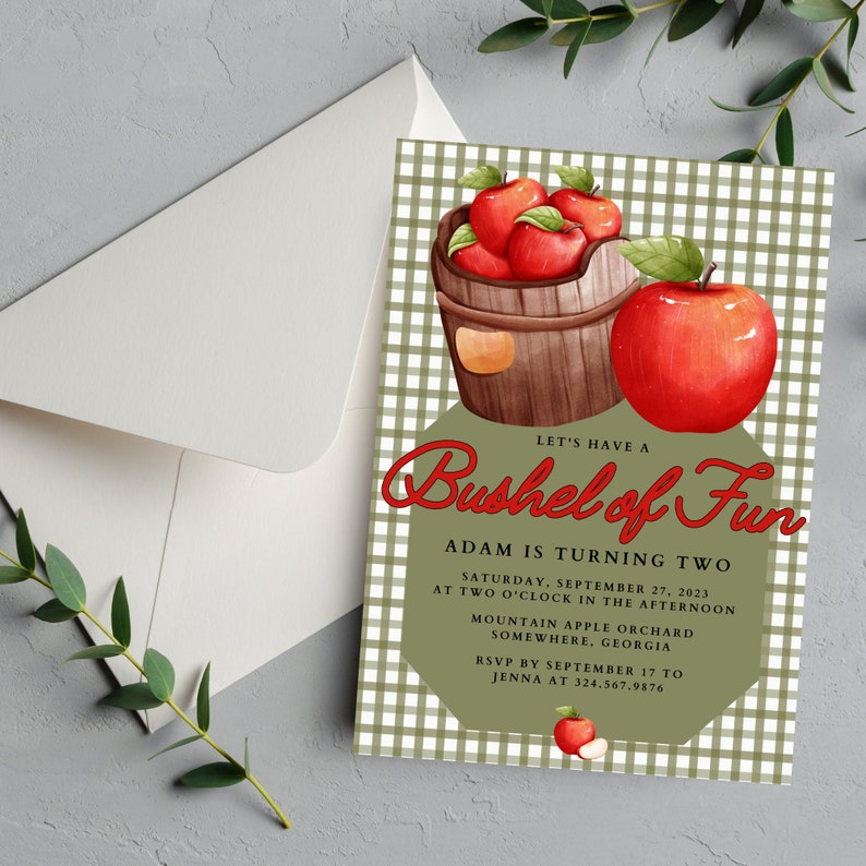 Green Plaid Bushel of Fun Apple Birthday Invite | Red Apple Basket ...