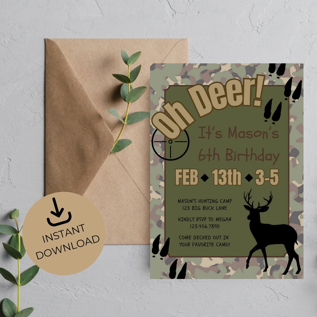 Oh Deer Hunting Birthday Invitation: Camo Party, Editable Template ...