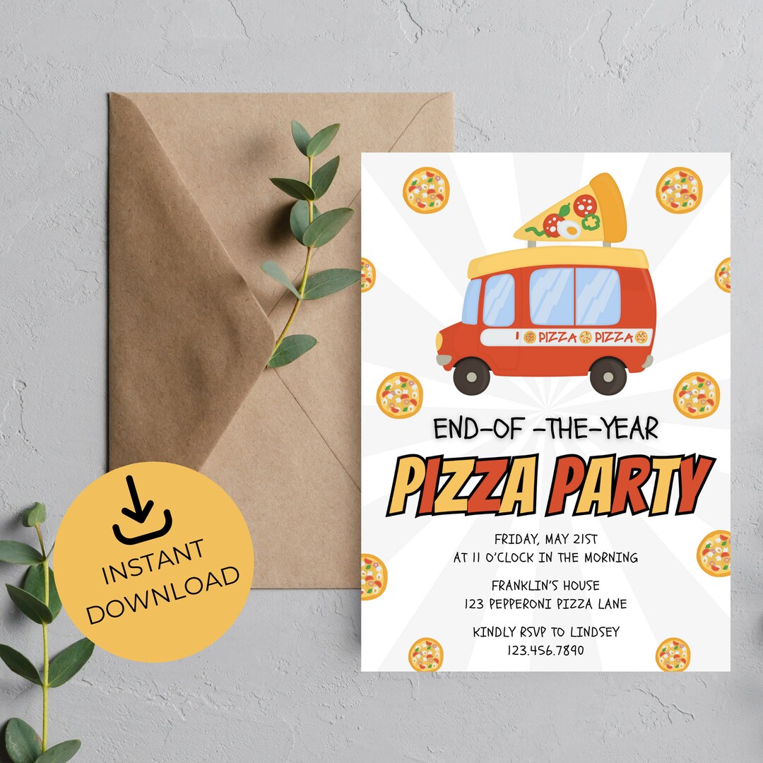 Fun Red End of the Year Pizza Party Invitation School Summer Pizza ...