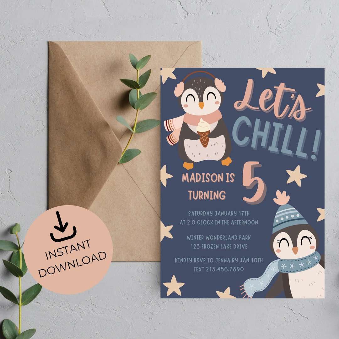 Let's Chill Birthday Invite | Penguin Party Invitation | Girl Winter ...