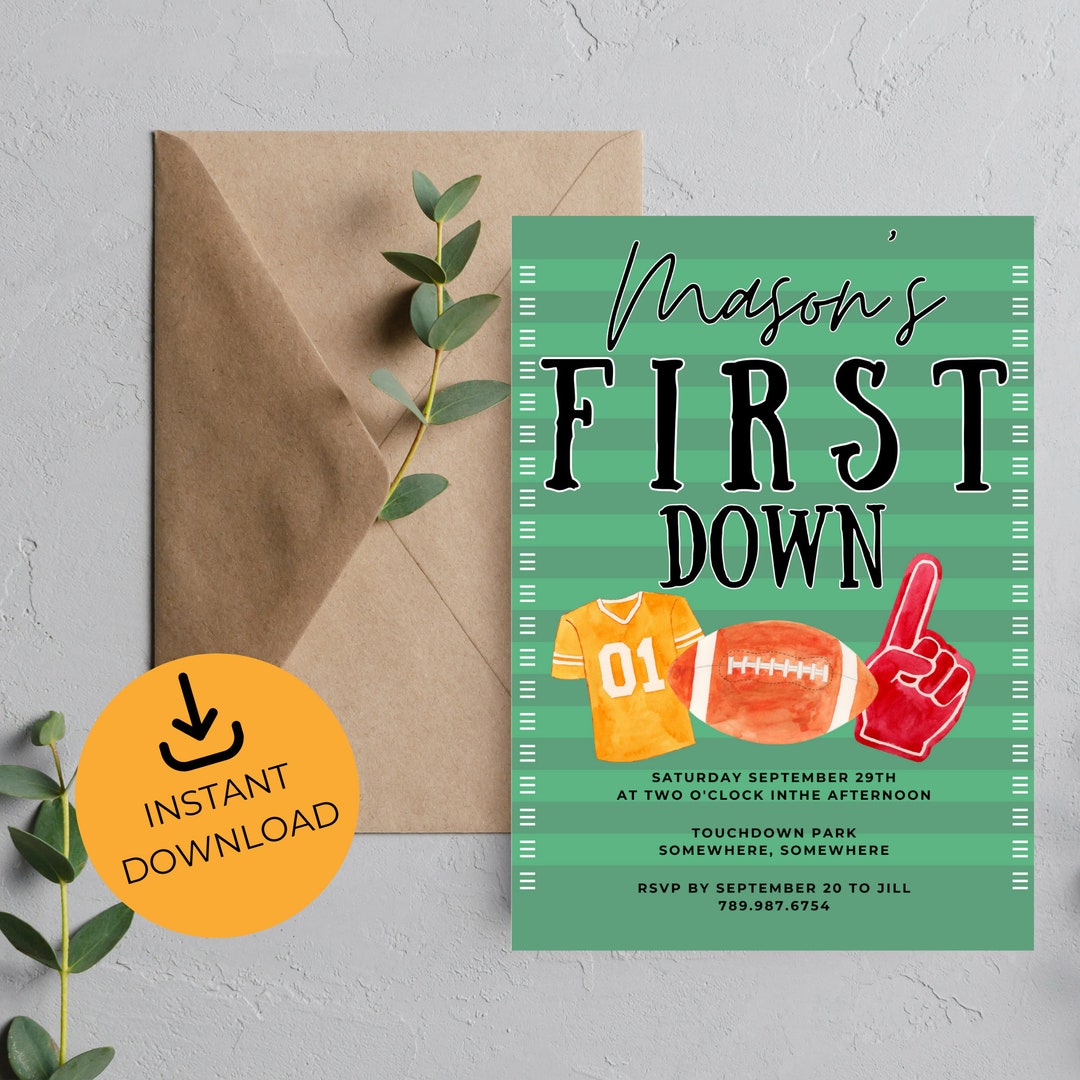 Green Football Field First Down 1 Year Birthday Party Invitation Game ...