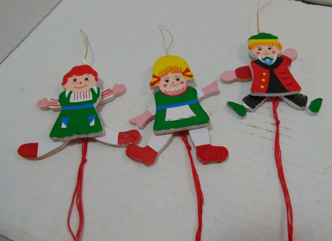 Wooden Pull String Jumping Jack Ornaments 2 Girls 1 Boy Vintage 3.5 ...