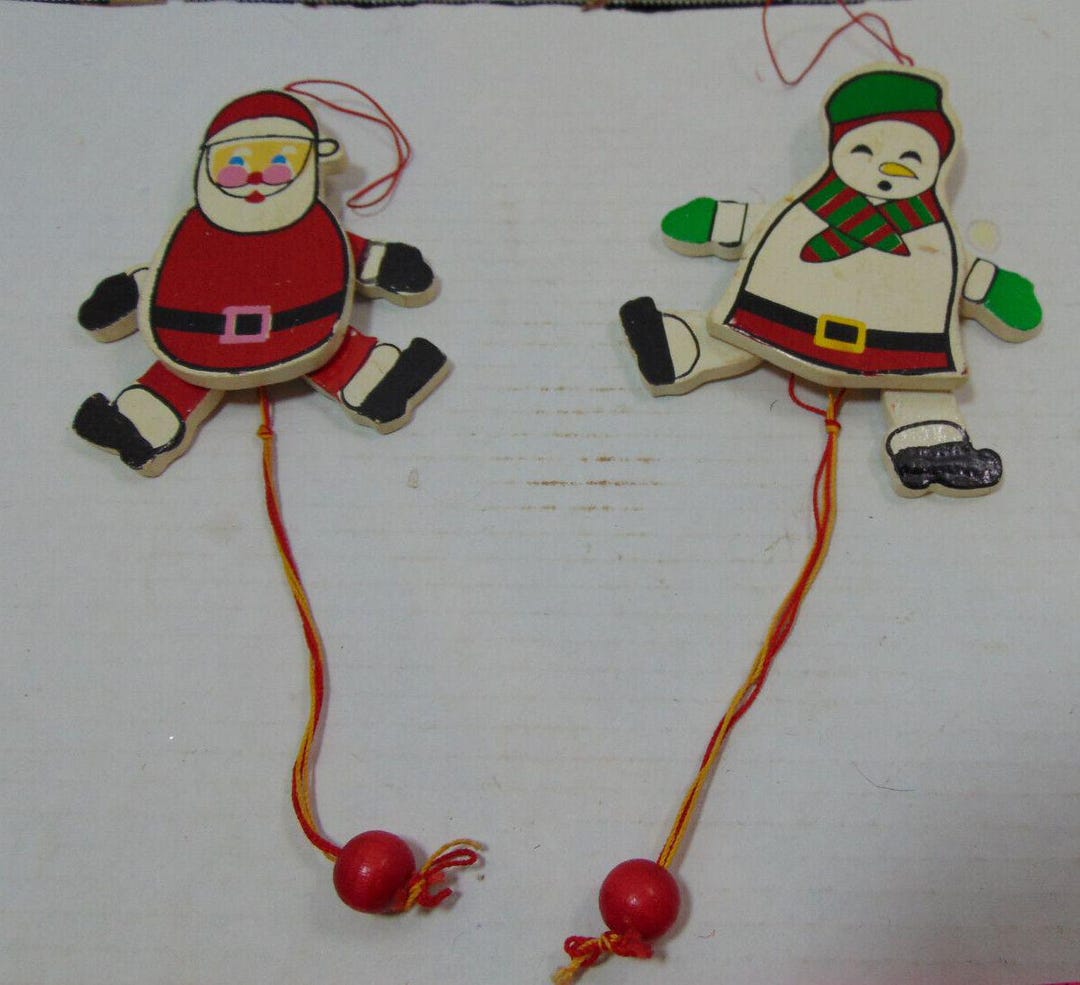 Santa and Snowman Jumping Jack Thick Wooden Pull Christmas Ornaments ...