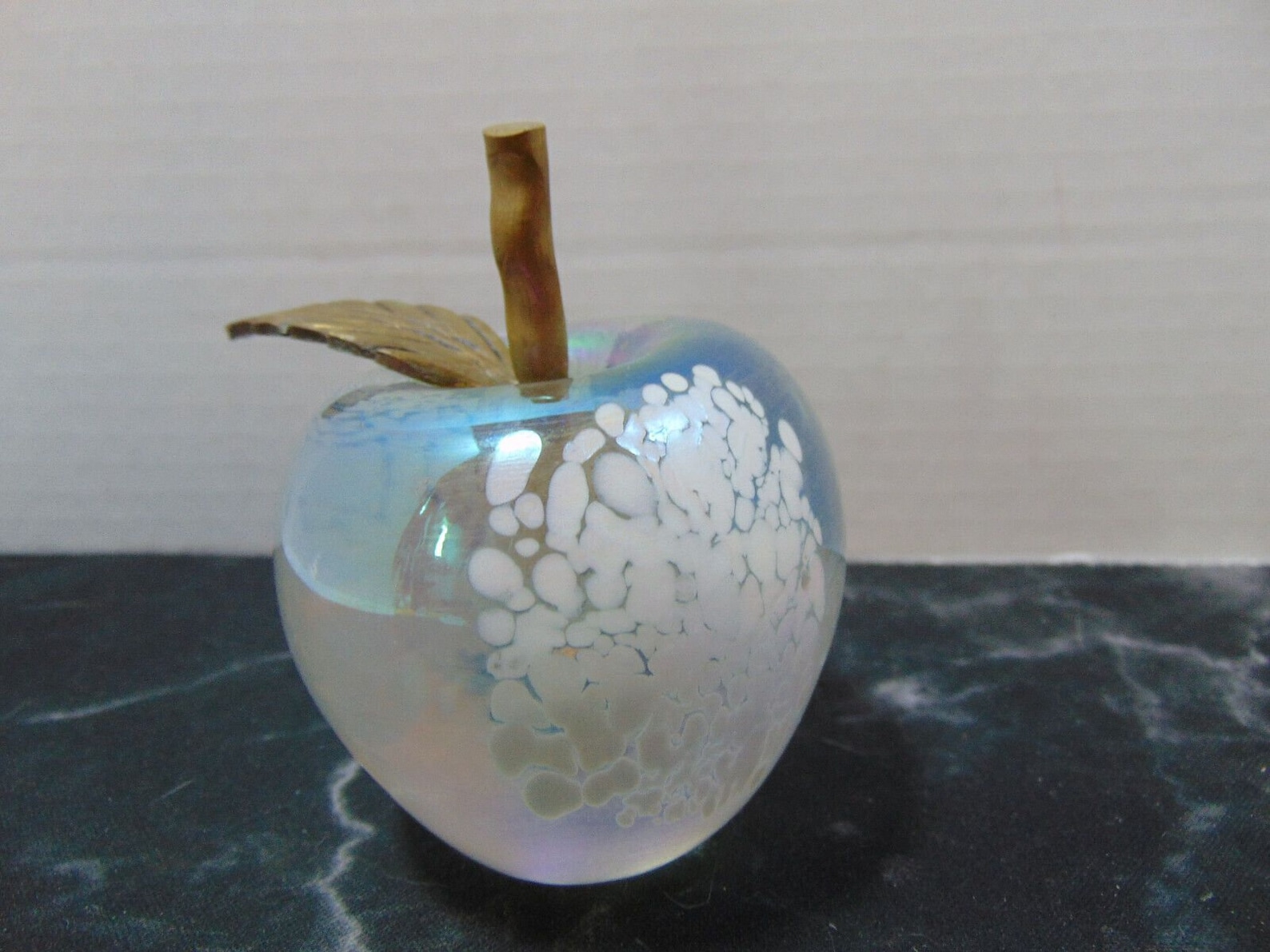 Clear Art Glass Iridescent and White Apple Paperweight With Brass Stem ...