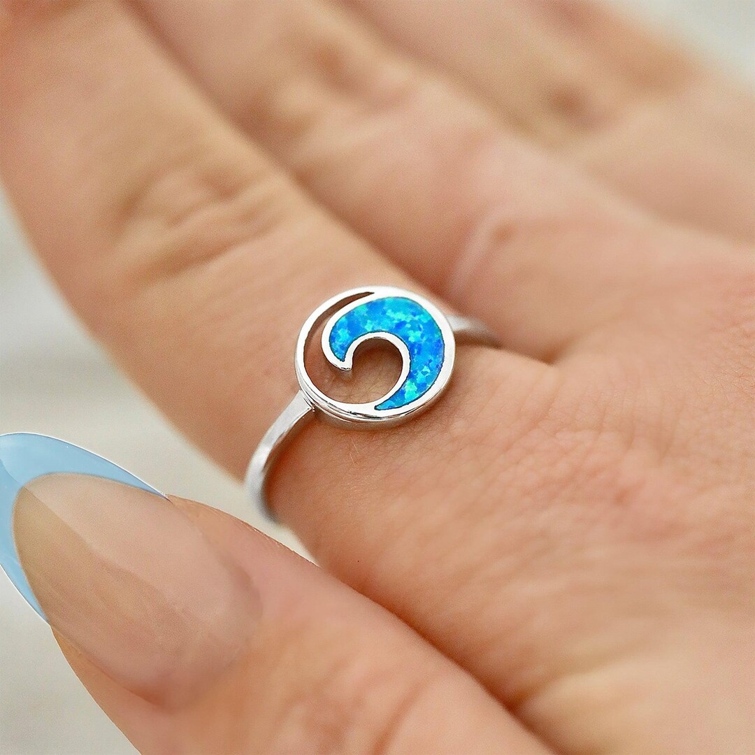 Opal Rip Curl Ring - Blue Opal Wave Design, Elegant Surf Inspired Jewelry, Unique Ocean Themed ...