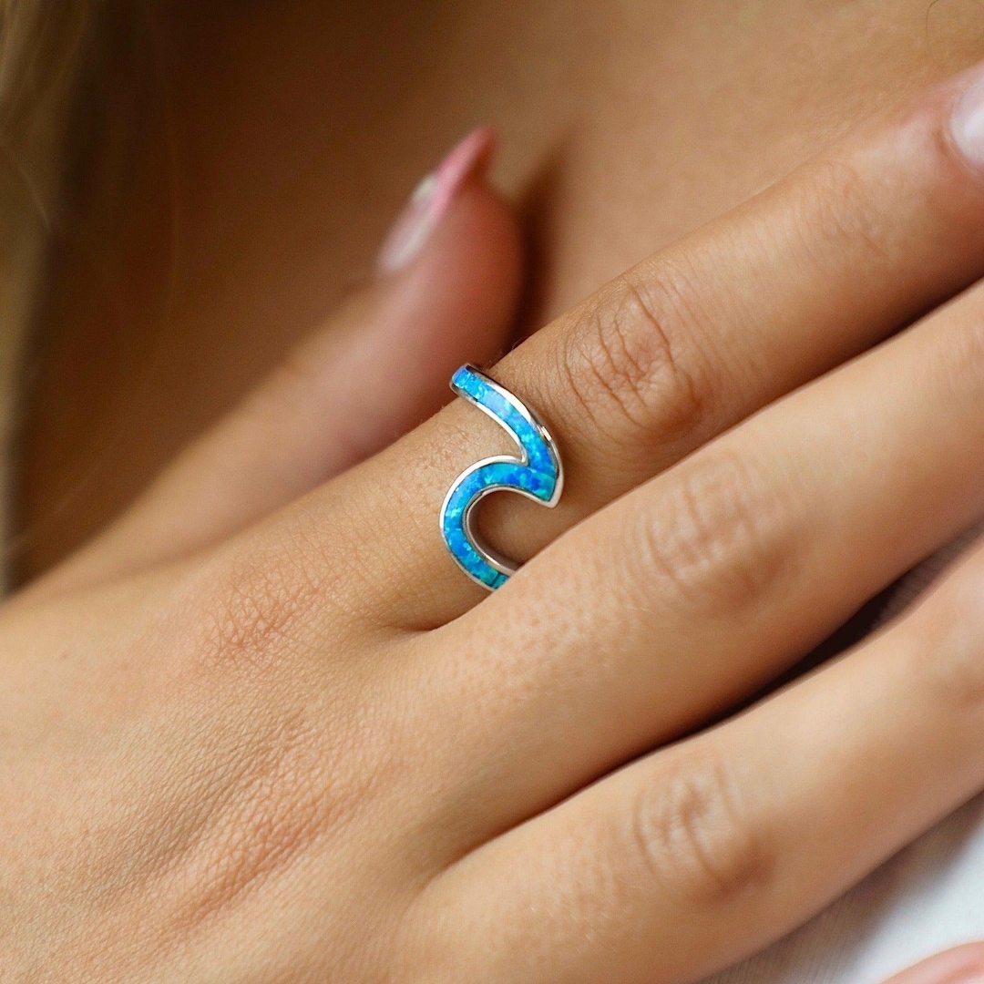 Sea Opal Wave Ring - Unique Beach Inspired Jewelry, Elegant Ocean Wave ...