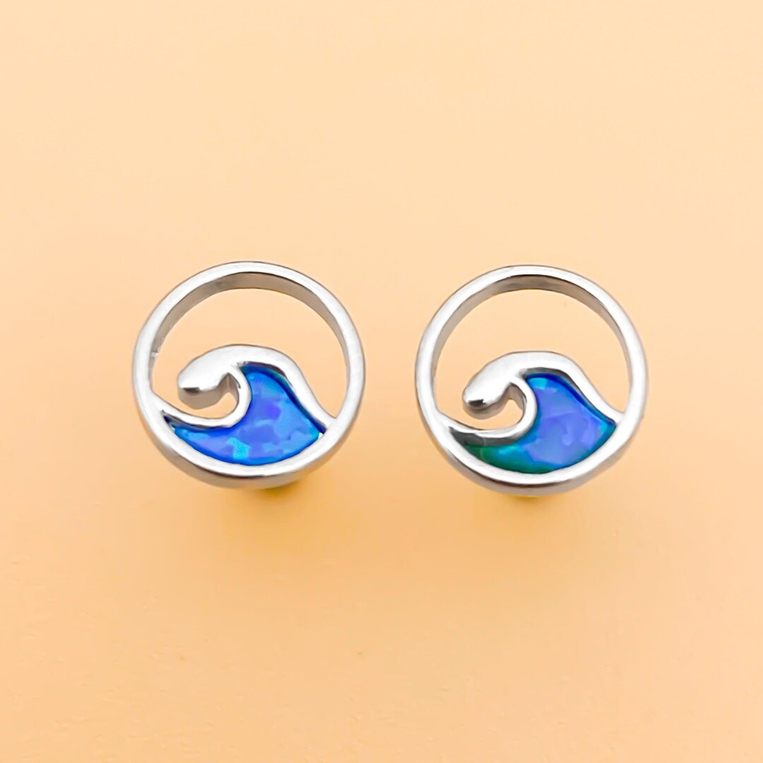 Blue Opal Wave Circle Studs Elegant Ocean-inspired Earrings, Unique ...