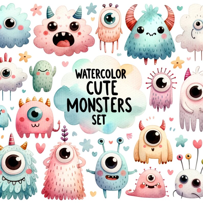Clipart Cute Monster Watercolor Cute Monster Clip Art Bundle - Etsy