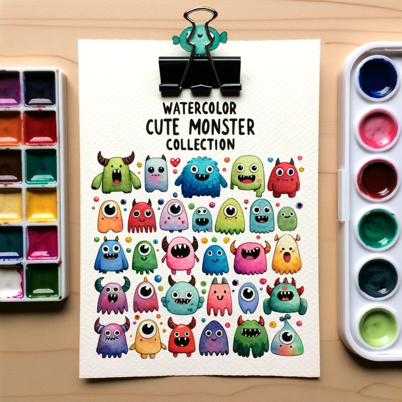Clipart Cute Monster Watercolor Cute Monster Clip Art Bundle - Etsy