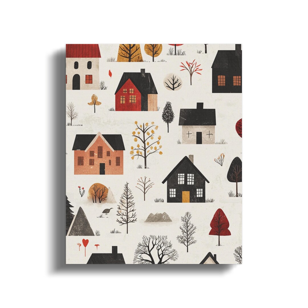 Nordic Village Village Scene Wall Art, Charming Houses and Trees Print ...