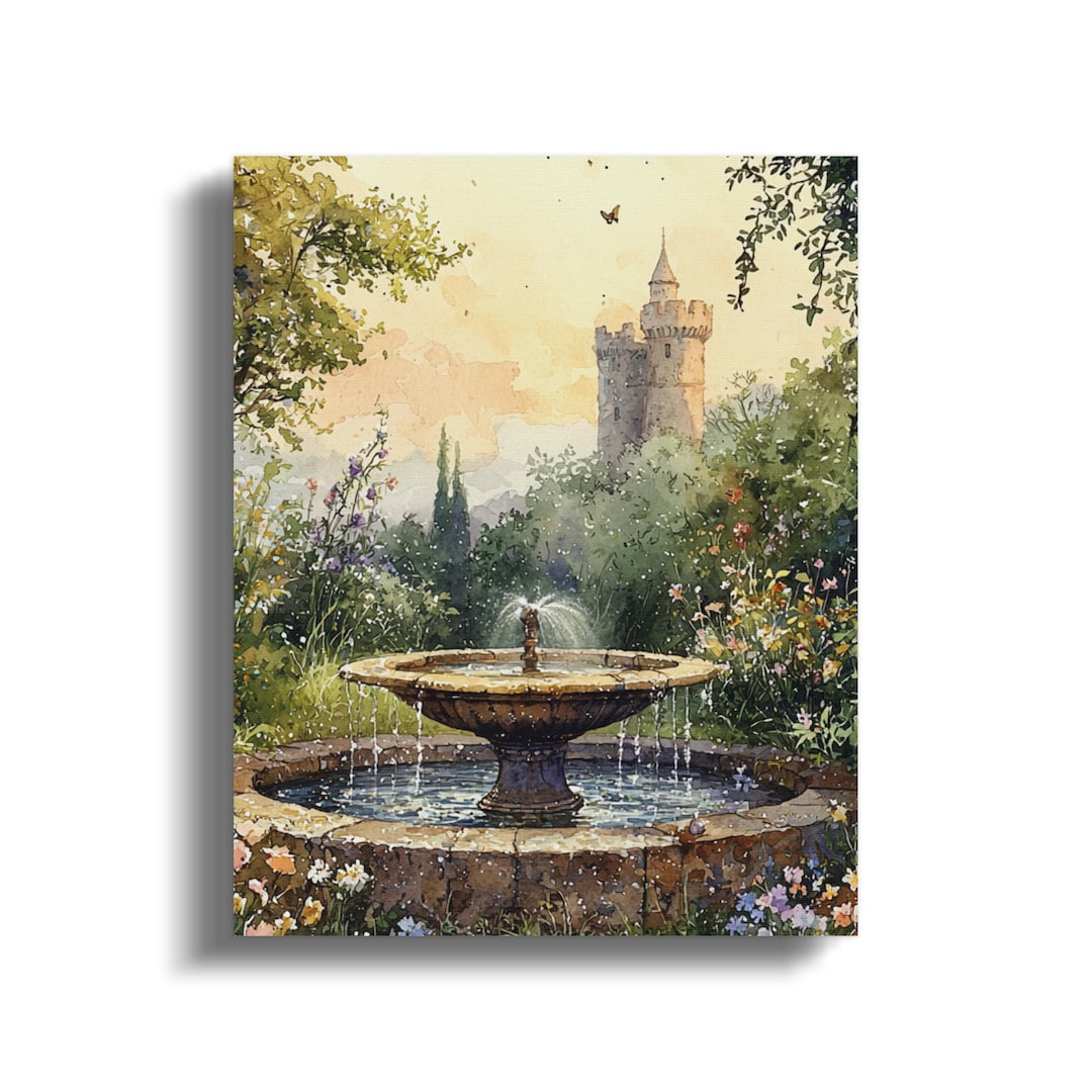 Fairy Tale Fountain Canvas Wrap: Enchanted Garden Castle Wall Art - Etsy