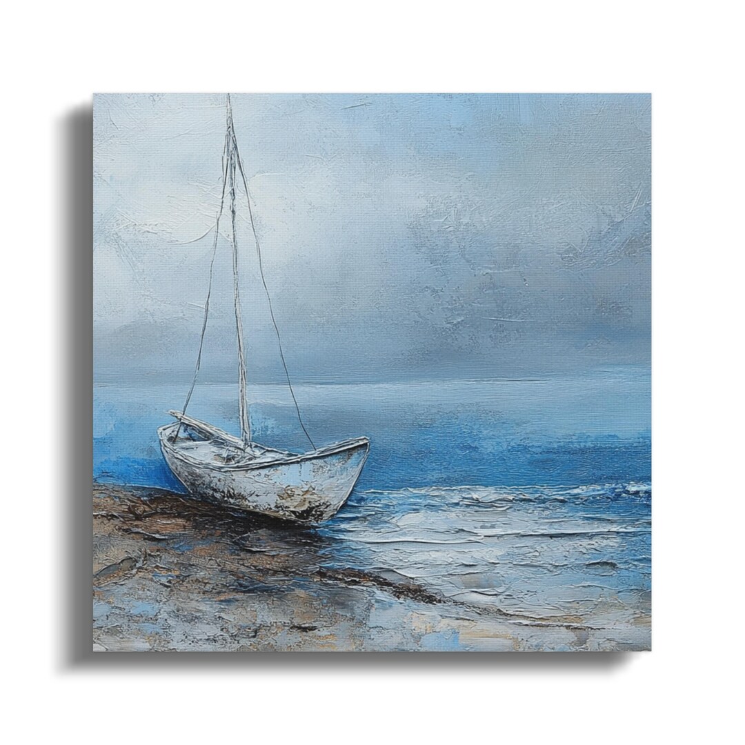 Coastal Boat Painting, Ocean Wall Art, Beach Scene Canvas, Nautical ...