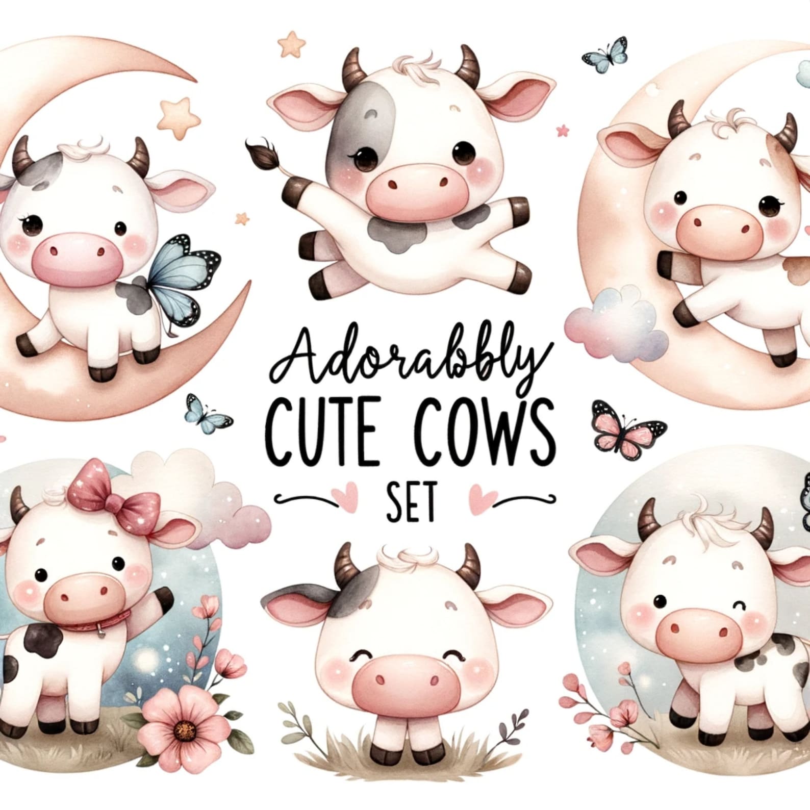 Cute Cows Clipart Watercolor Adorable Cow Clipart Clip Art Bundle ...