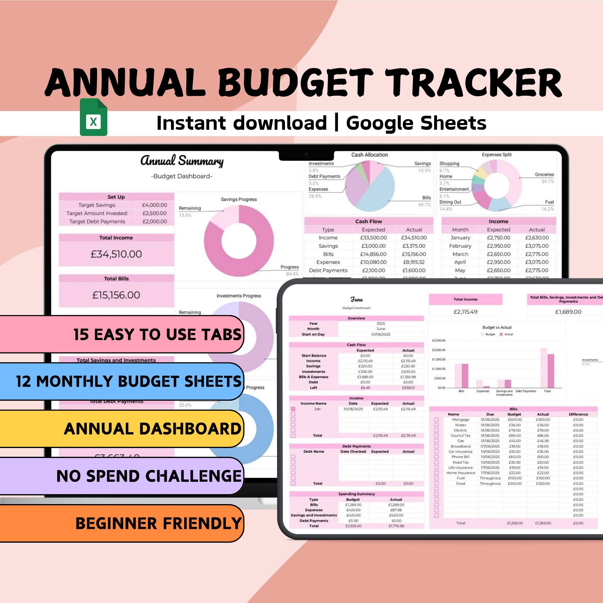 Pink Annual Budget Planner | Google Sheets | Monthly Spreadsheet ...