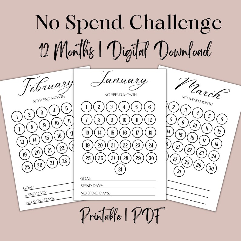 Printable No Spend Challenge | 12 Months | No Spending Month Tracker ...