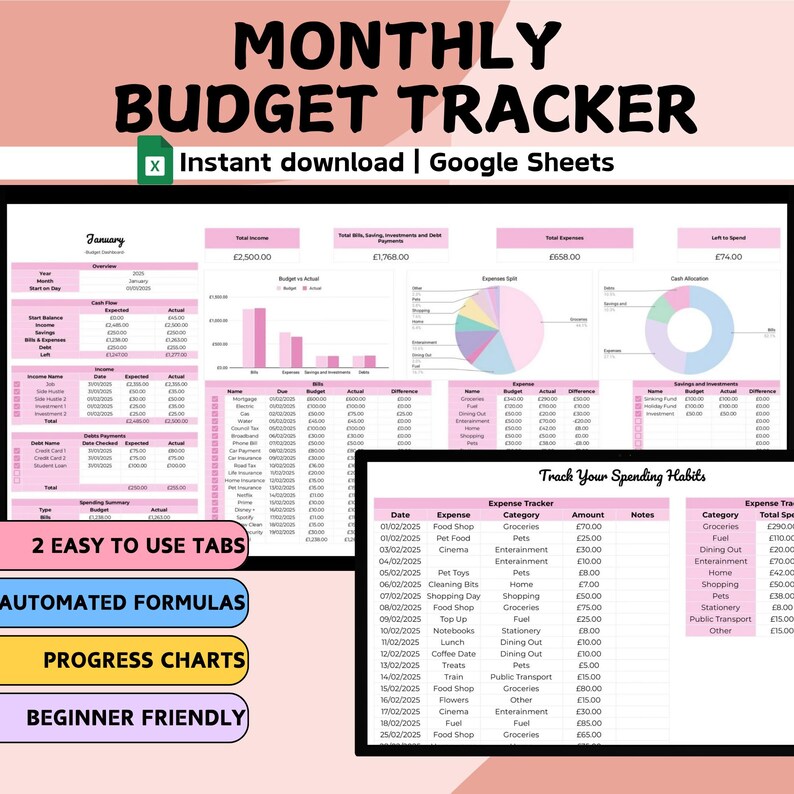 Pink Monthly Budget Planner | Google Sheets | 2025 Finance Spreadsheet ...