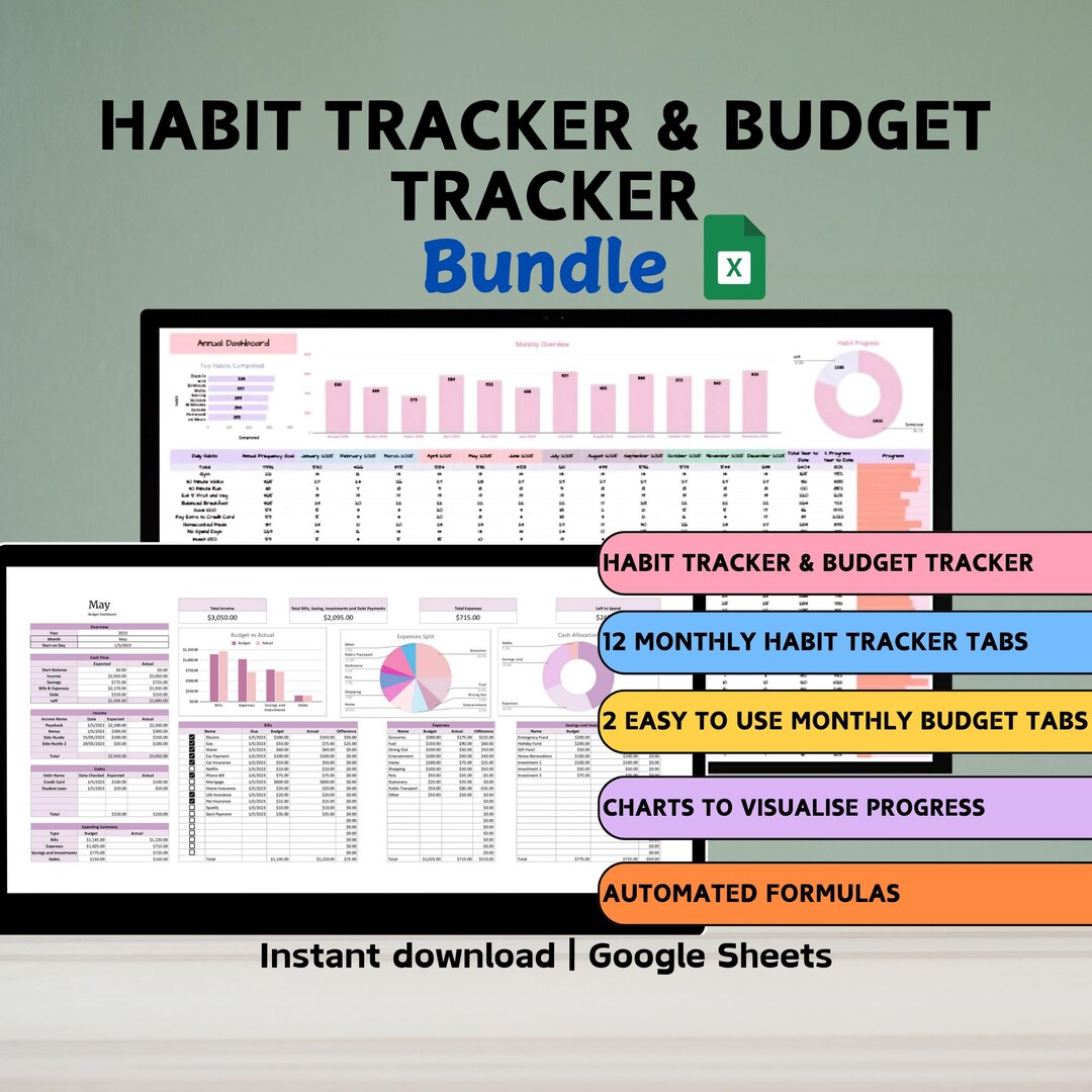 Yearly Habit Tracker and Budget Tracker Spreadsheet Bundle | Google ...
