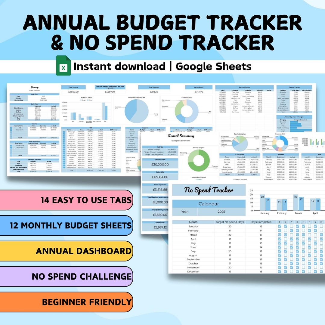 Blue Annual Budget Planner | Google Sheets | Monthly Spreadsheet ...